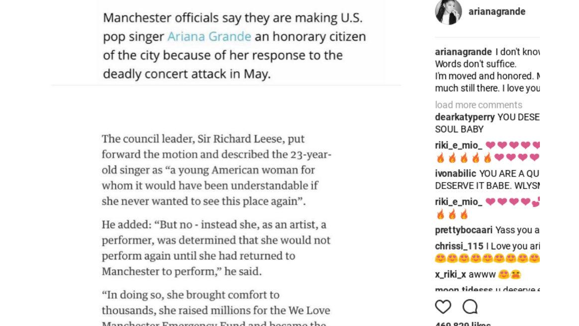Ariana Grande 'moved' after being made honorary citizen of Manchester ... Ariana Grande 'moved' after being made honorary citizen of Manchester ...